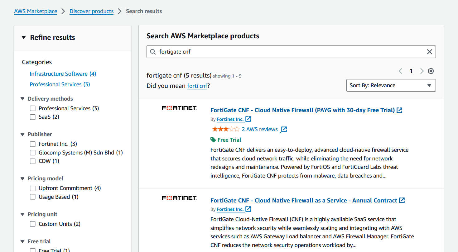 Subscribing through the AWS Marketplace | FortiGate CNF 24.4.a ...